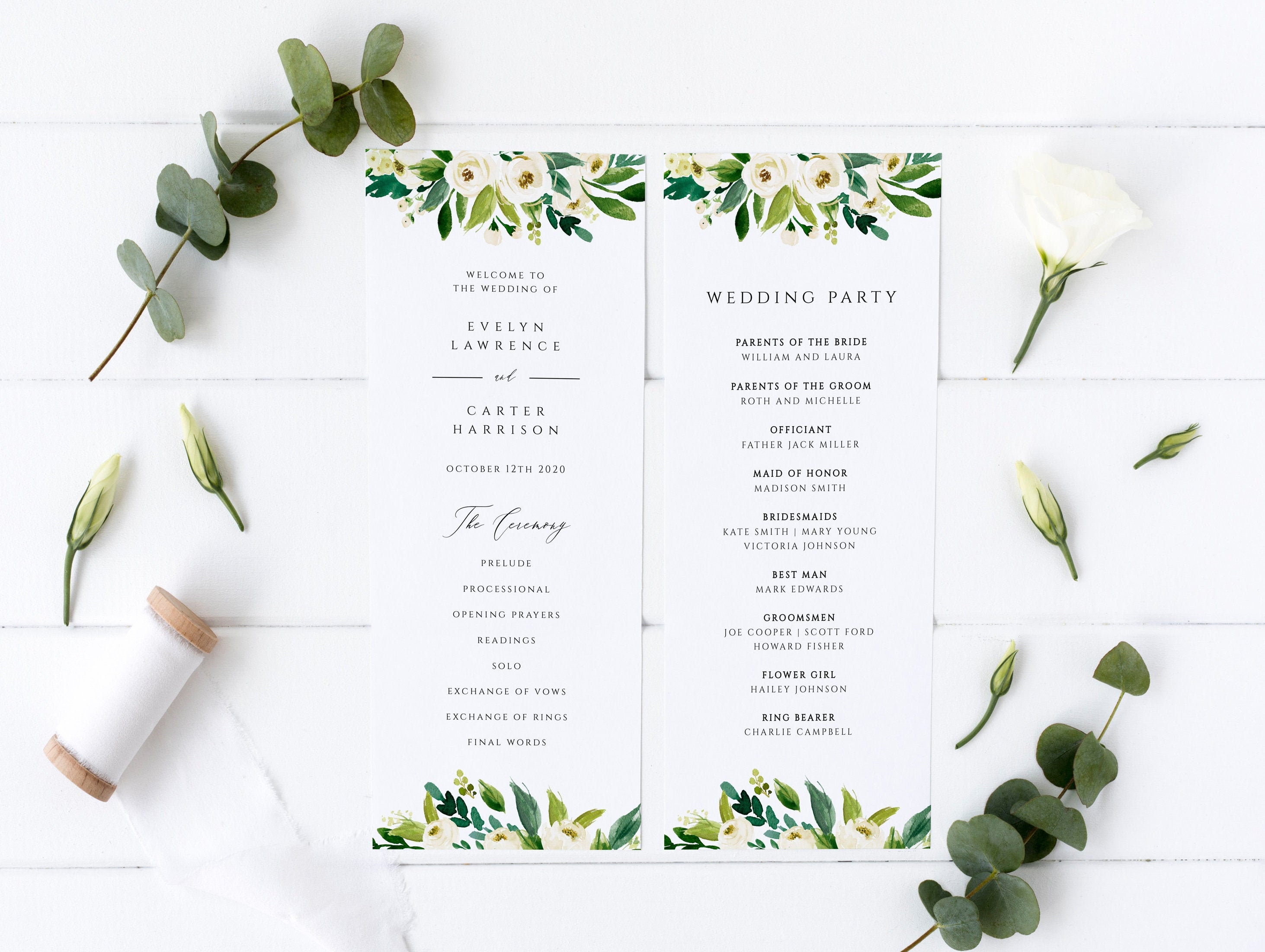 Floral Wedding Program Template Editable Program White Roses | Etsy