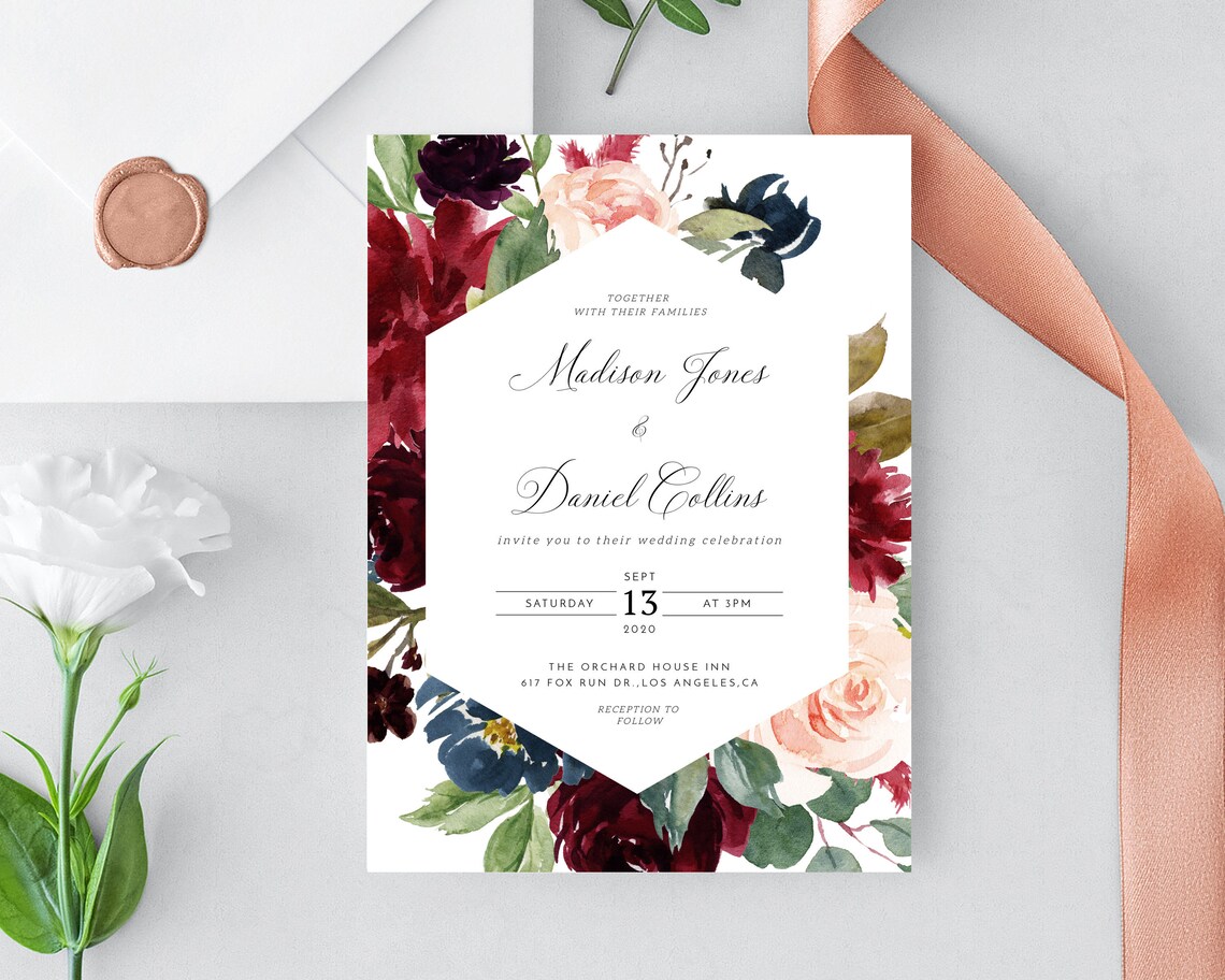 Burgundy Wedding Invitation Template Editable Printable - Etsy