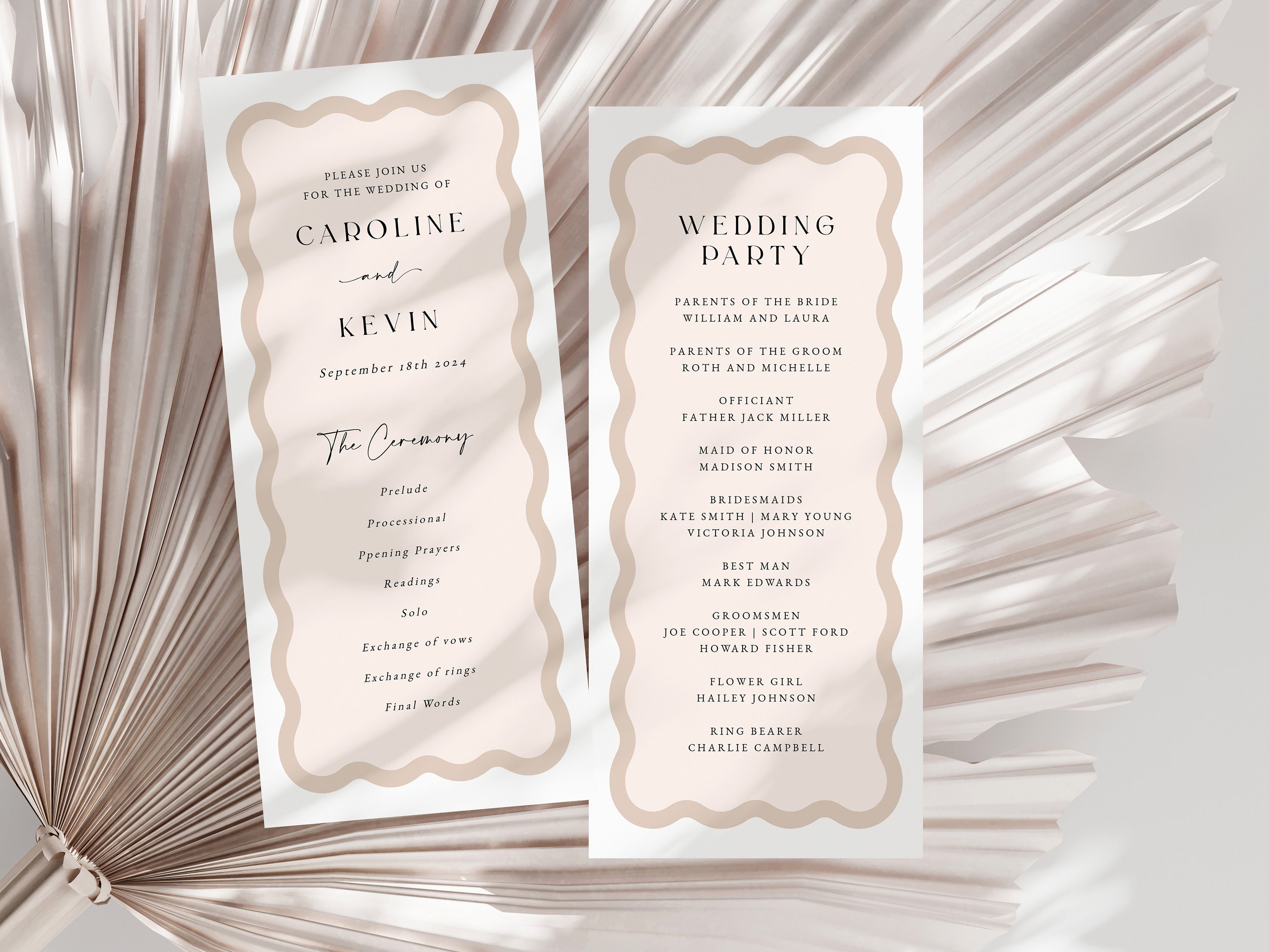 Wavy Wedding Program Template, Beige Curvy Wedding Program, Modern Wavy ...