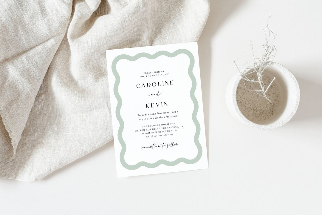 Wavy Border Wedding Invitation, Minimalist Invitation Template, Modern ...