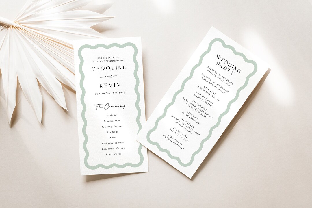 Wavy Wedding Program Template, Sage Green Wedding Program, Modern Wavy ...