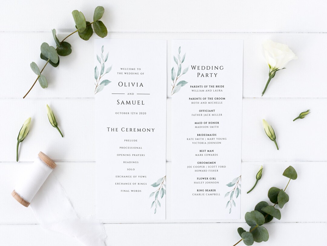 Greenery Wedding, Editable Program Template, Ceremony Program, Elegant ...