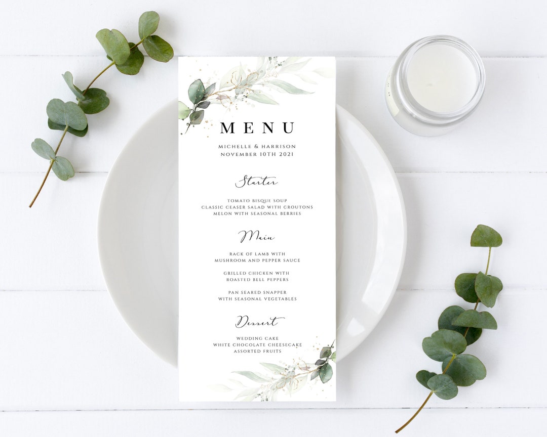 Greenery Wedding Menu, Green Leaves Menu, Editable Menu Template ...