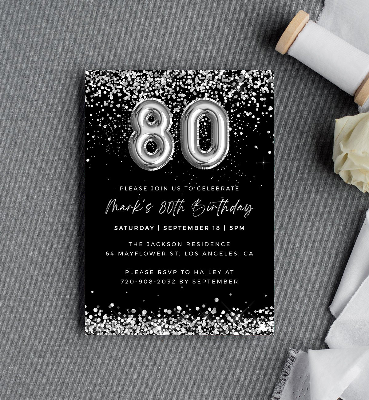 Black 80th Birthday Invitation Template, Elegant Sparkles 80th Birthday ...