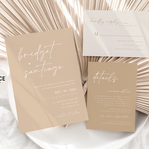 Beige Wedding Invitation Suite Template Boho Minimalist - Etsy
