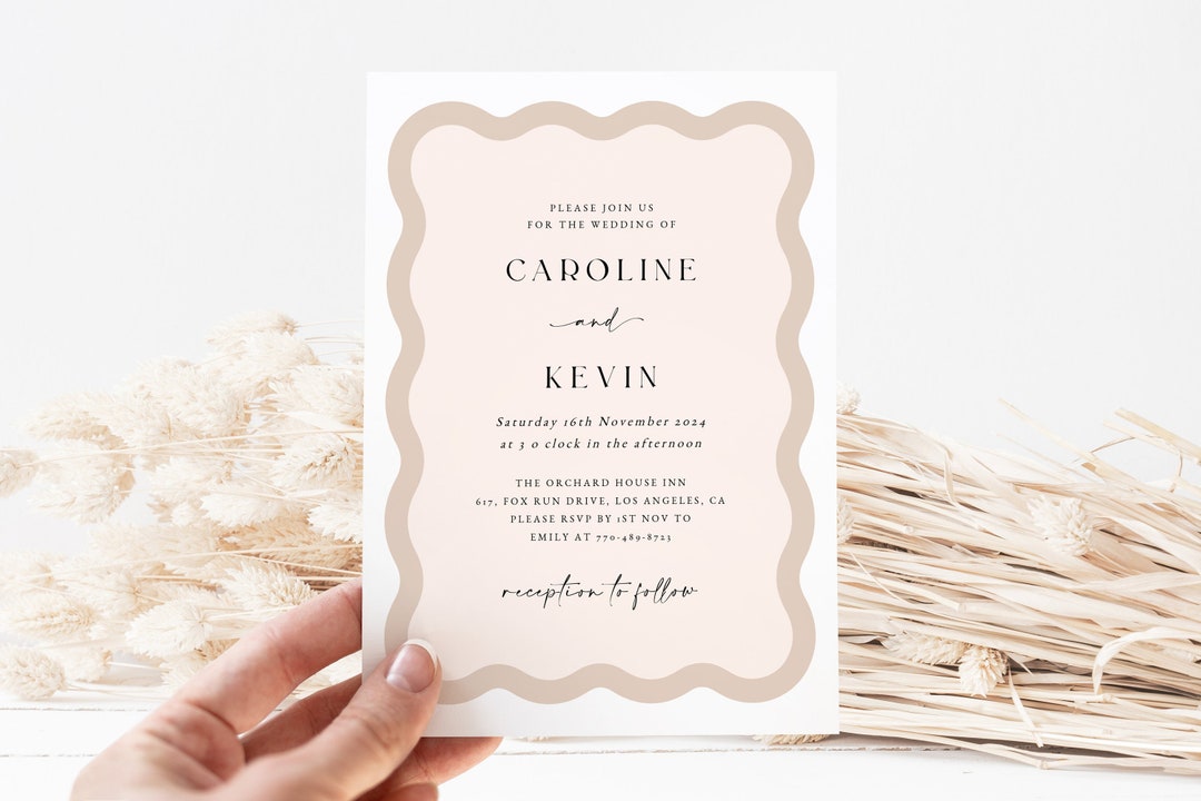 Curvy Wedding Invitation Template, Editable Invite, Wavy Edge Border ...