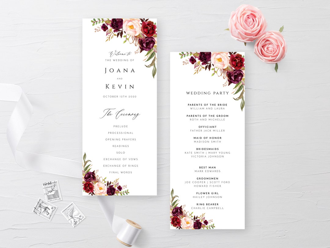 Burgundy Wedding Program Template Editable, Rustic Printable Wedding ...