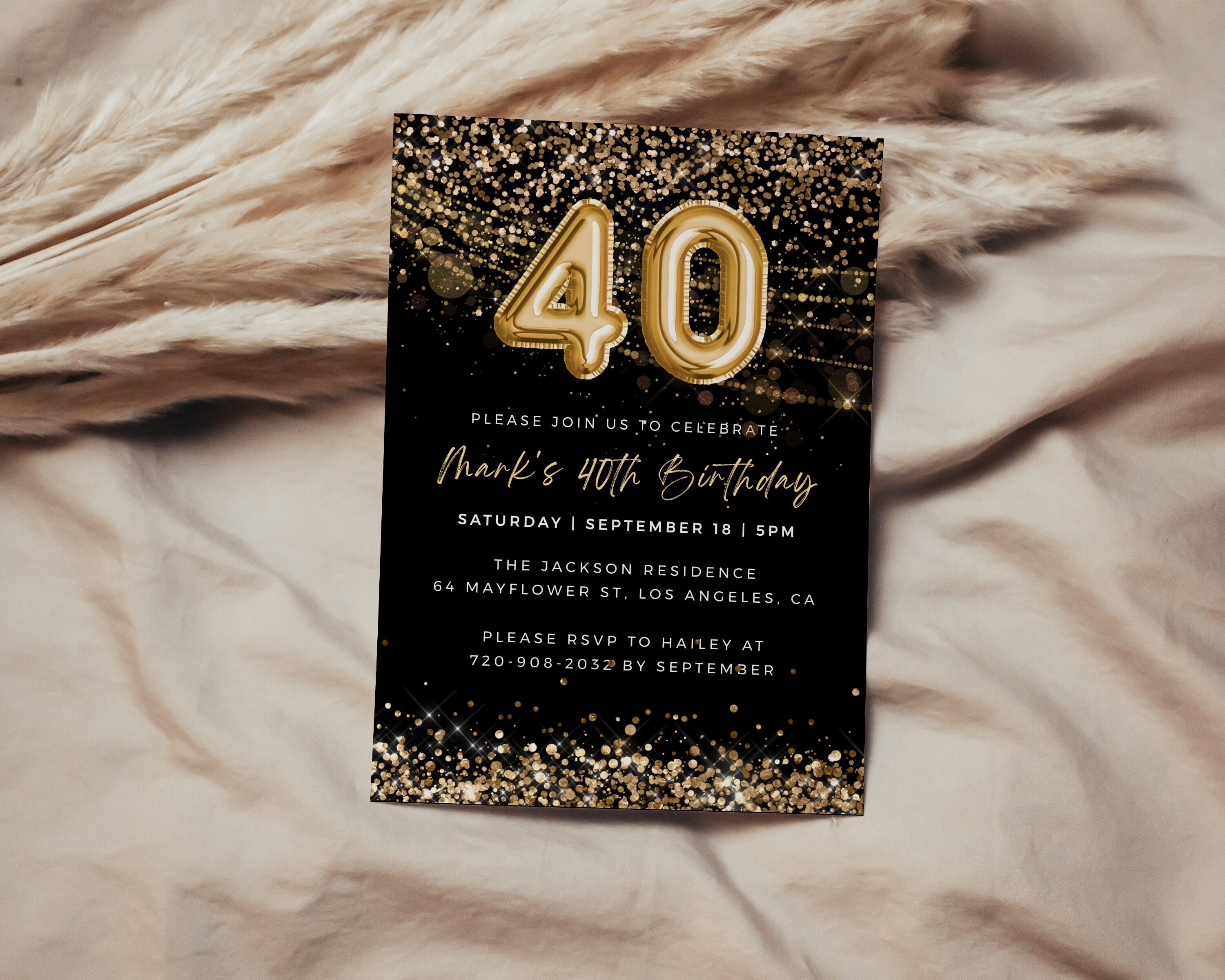 Editable 40th Birthday Invitation Template, Modern Black and Gold 40th ...