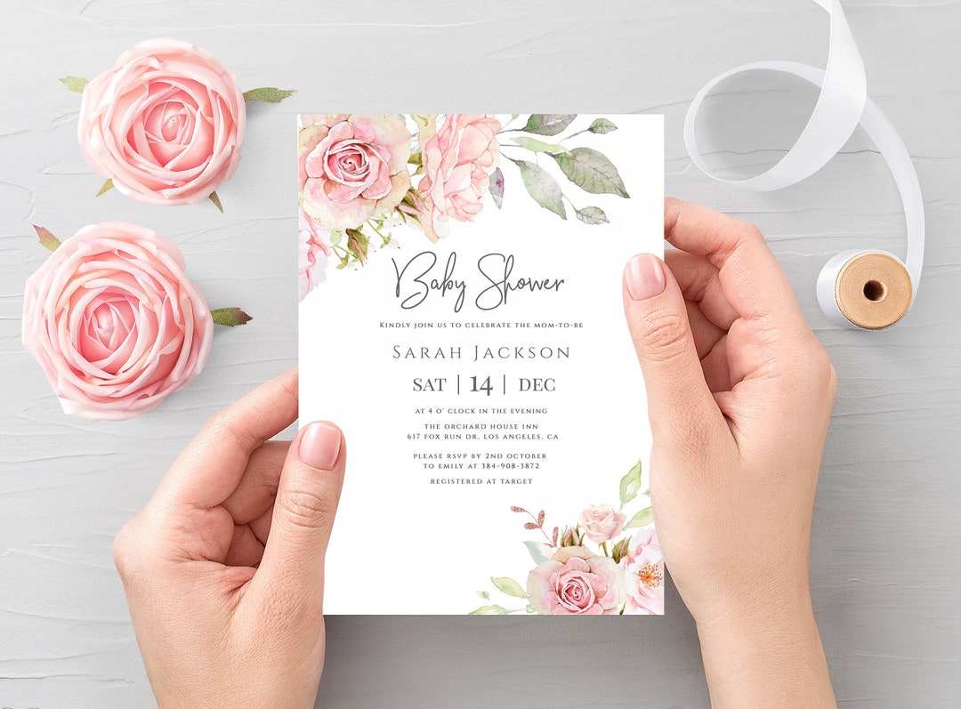 Plantilla de invitación de baby shower floral rosa, invitación ...
