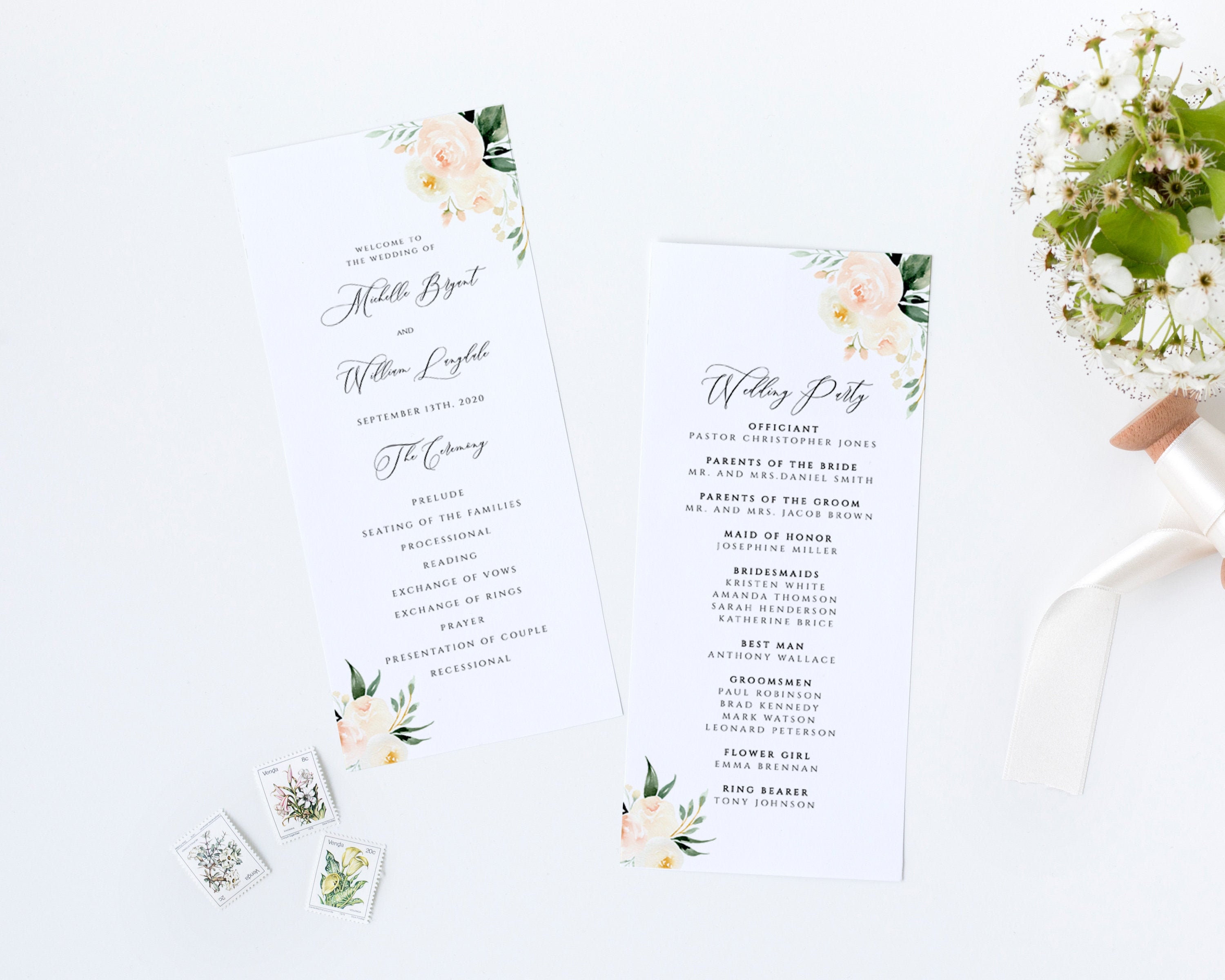 Ivory Floral Wedding Program Template, Ivory Wedding Ceremony Program ...