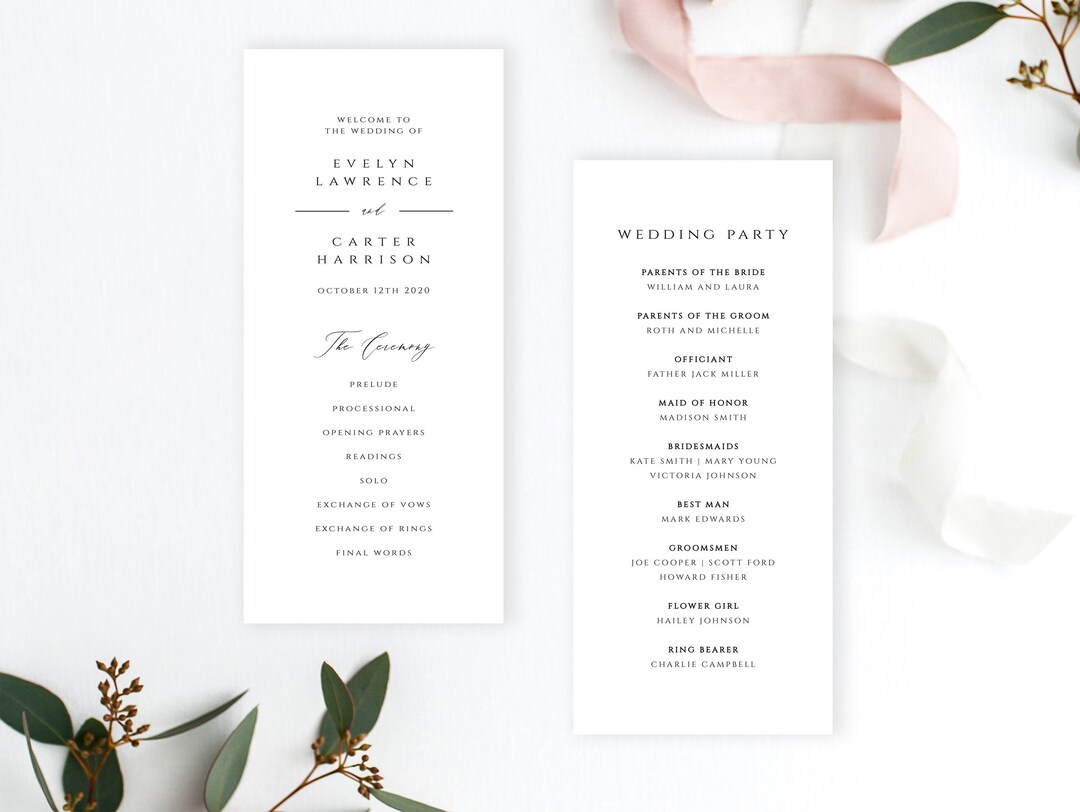 Minimalist Wedding Program Template, Simple Wedding Program Printable ...