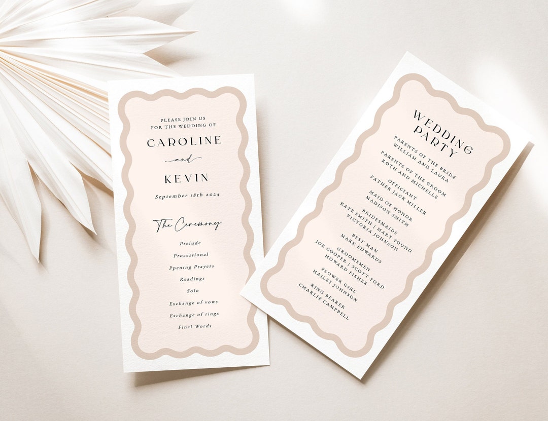 Wavy Wedding Program Template, Beige Curvy Wedding Program, Modern Wavy ...