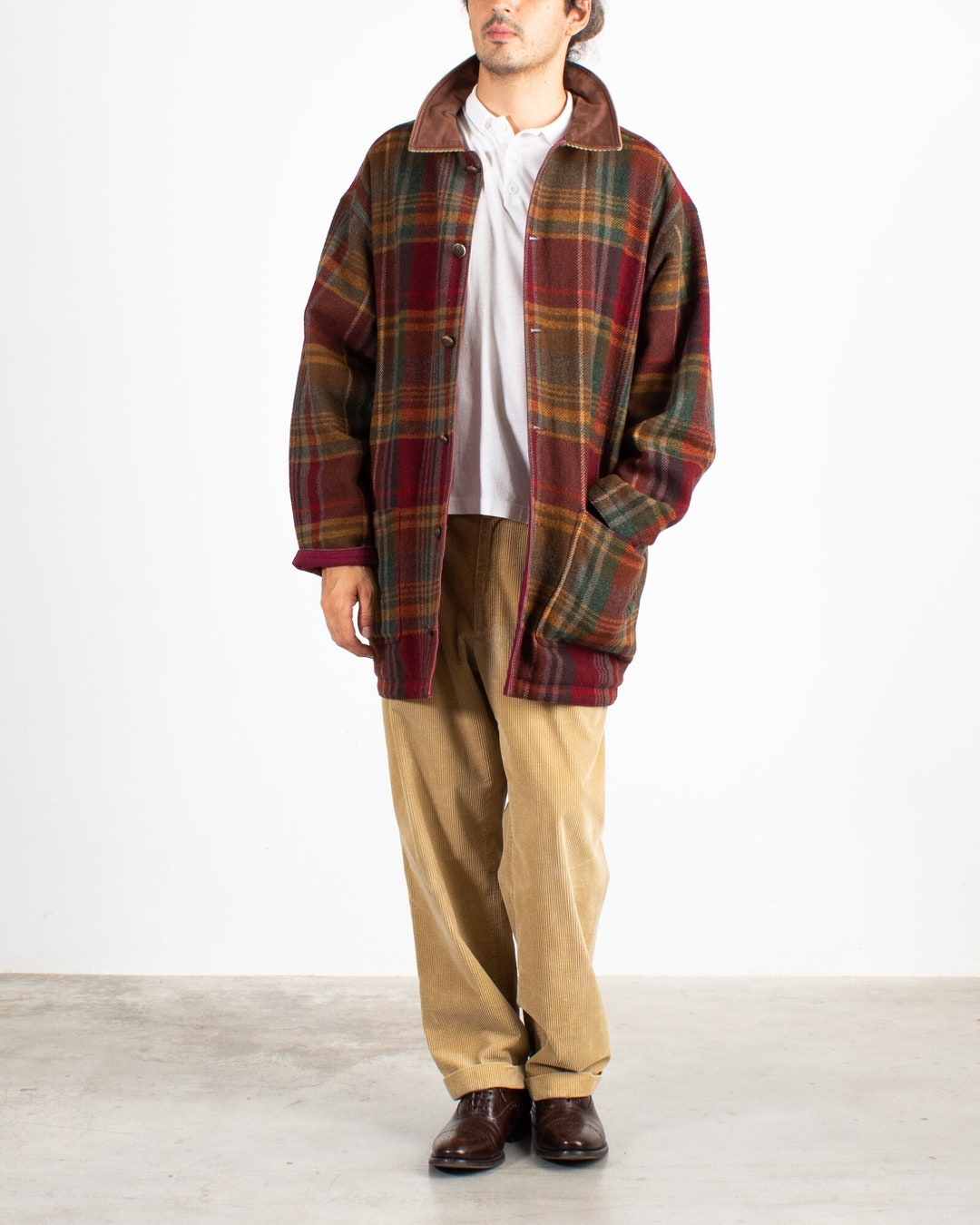 Men's Timberland Burgundy Checked Reversible Jacket Vintage Wool Nylon ...