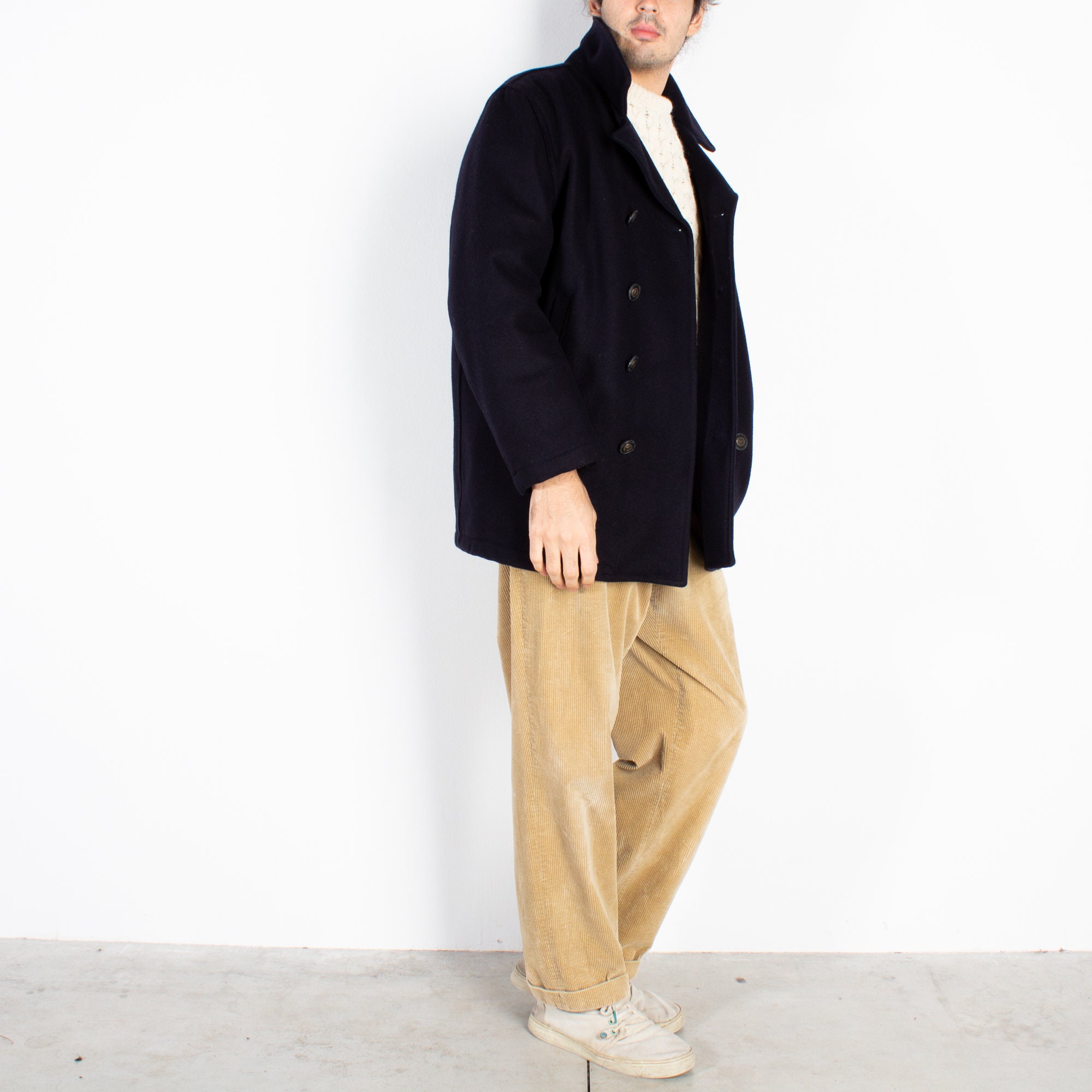 Men's Schott Navy Wool Peacot Vintage Blue Military Coat Overcoat ...