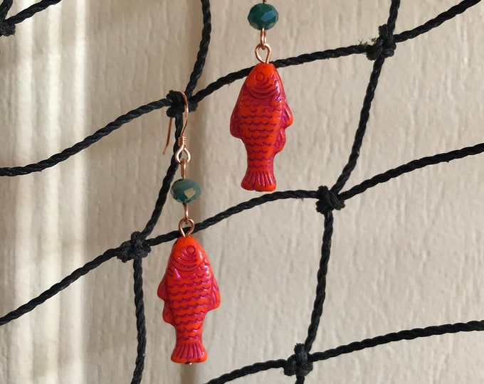 Made in Alaska: Orange Glass Fish Earrings With Green Bead - Etsy