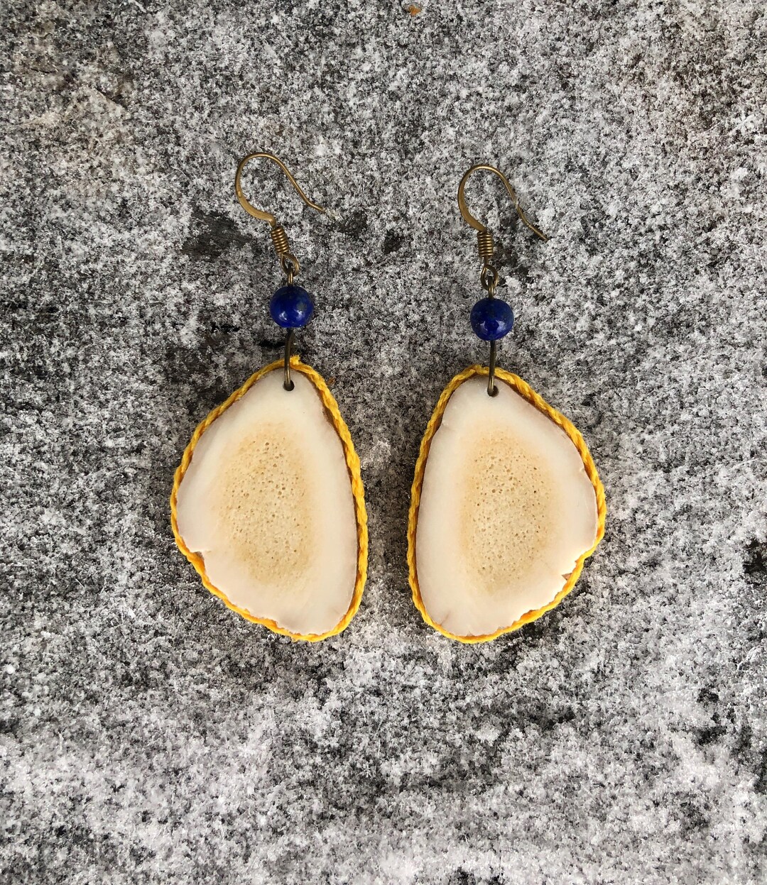 Alaskan Caribou Antler Earrings With Yellow Thread Border and Lapis ...