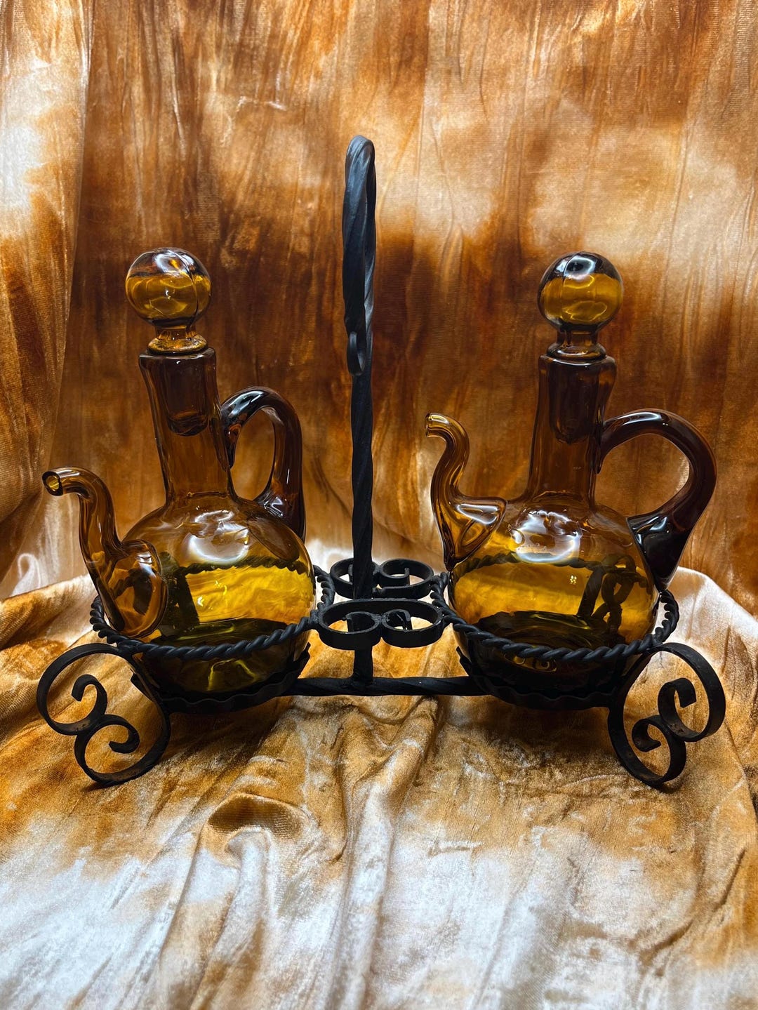 Amber Glass Cruet Set W/ Wrought Iron Caddy - Vintage Oil & Vinager ...