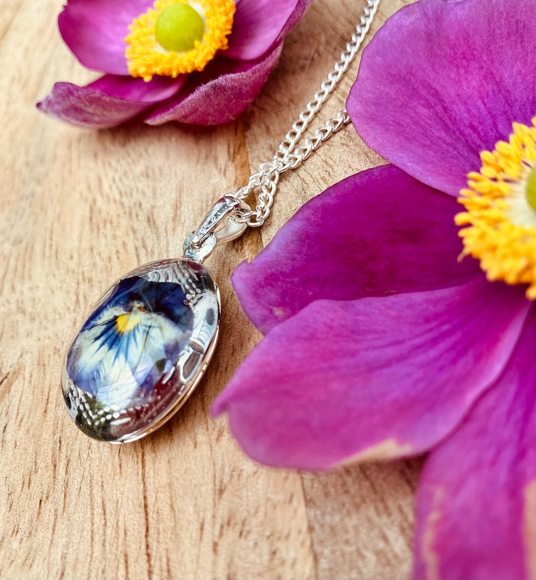 Real Pressed Viola Flower in Solid Silver Locket Pendant Necklace on ...