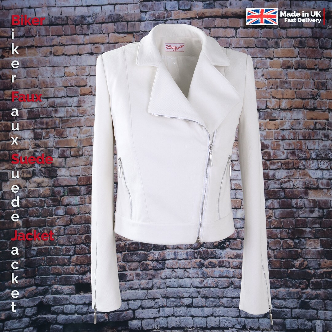 White Women's Biker Jacket - Ramones Style - High Waist Jacket - Faux ...