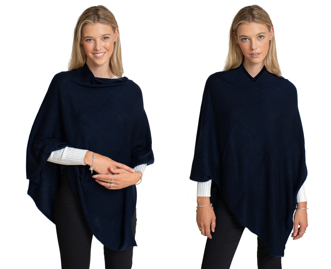 Navy Blue Himalayan Soft Woolen Poncho, V Neck & Side Neck Style Unisex ...