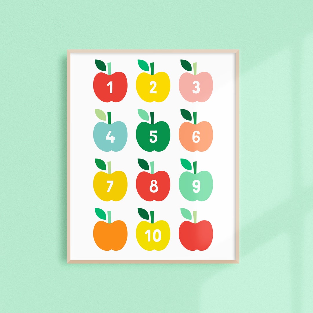 Printable Apple Numbers Art Print for Kids Room, Classroom Homeschool ...