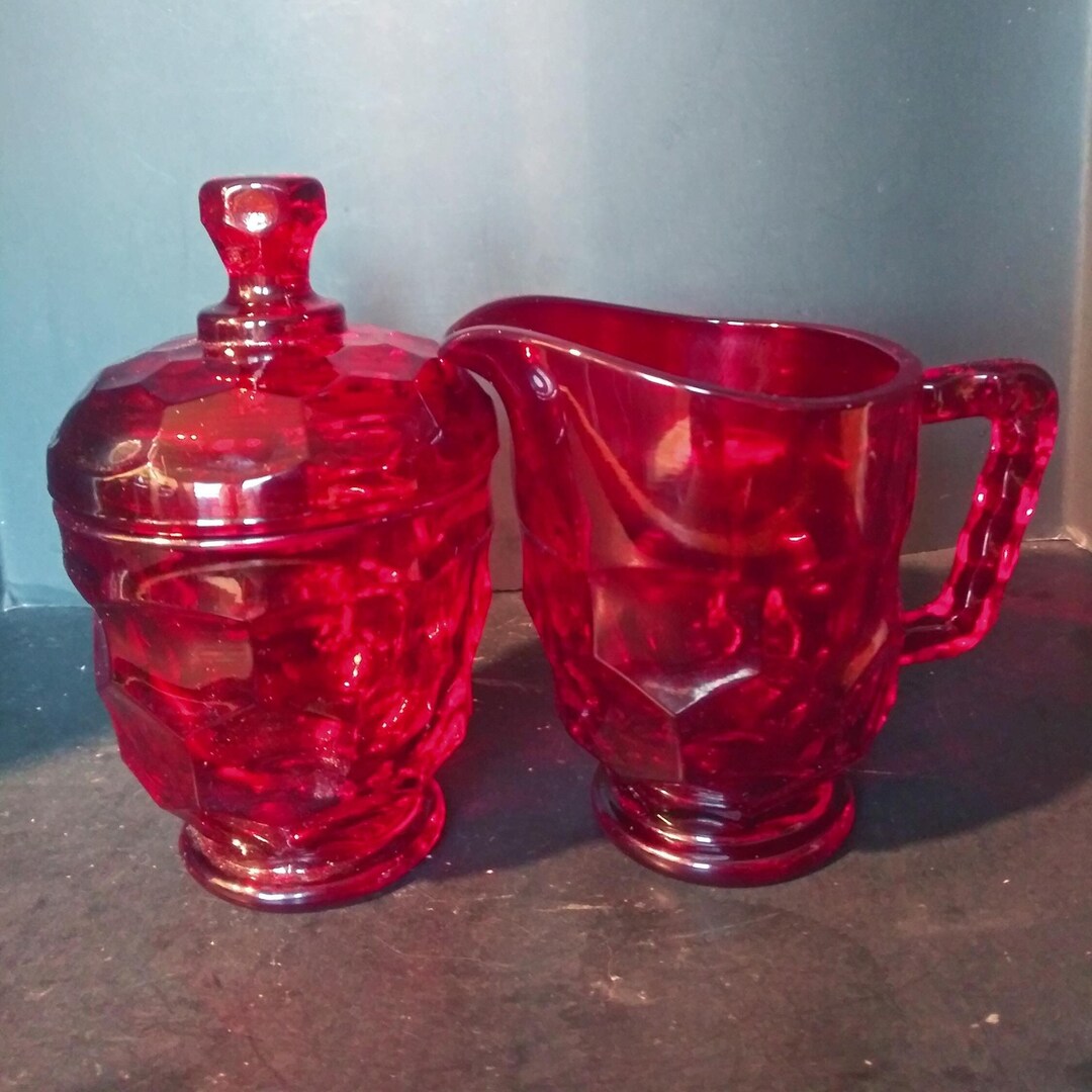 Vintage Viking Glass Georgian Thumbprint Ruby Red Creamer & Sugar Lid ...