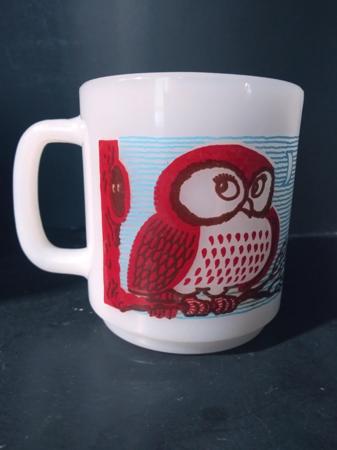 Vintage Milk Glass Owl Crescent Moon Spooky Tree Eyes Mug Retro ...