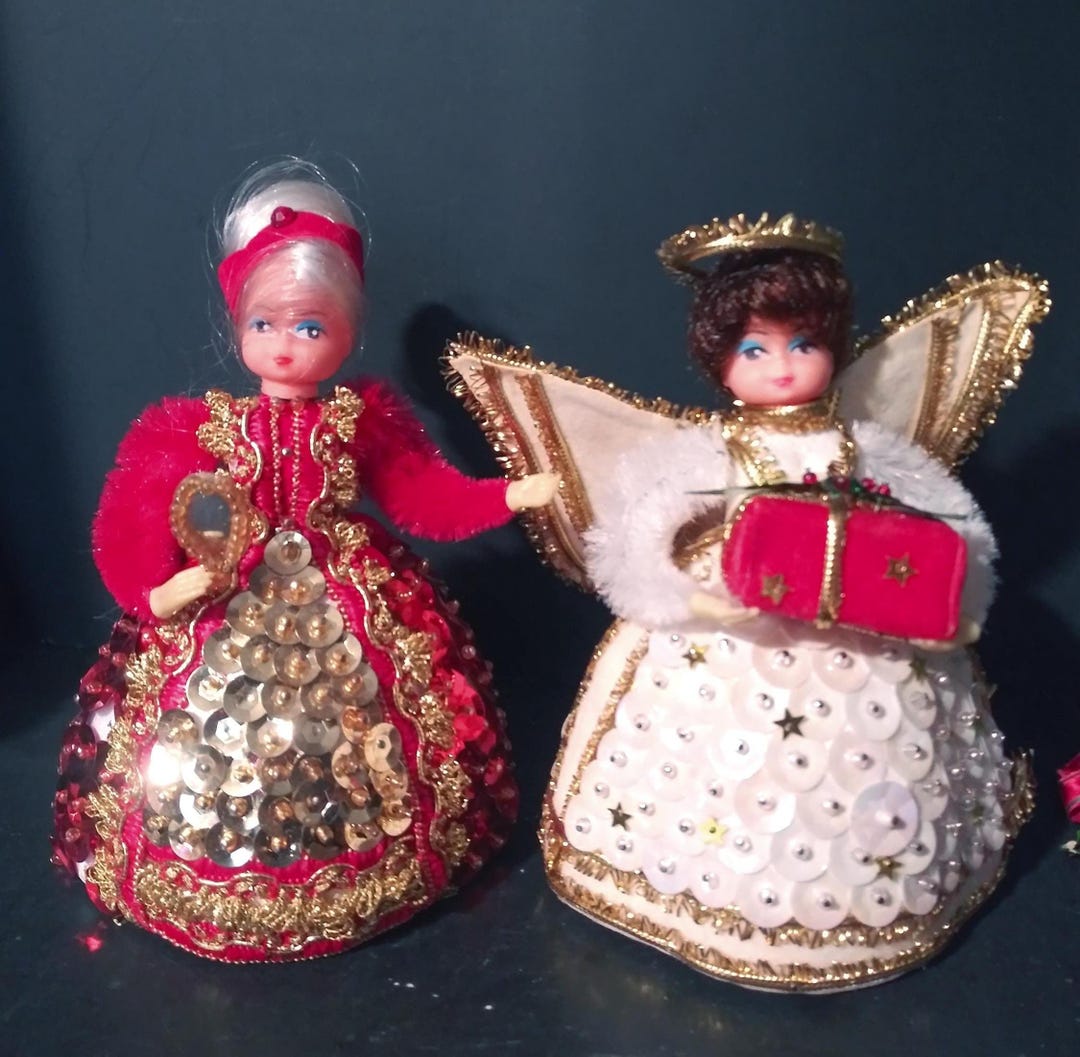 2 Vintage Push Pin Ornaments Girls Dolls Angel Red Gold White Missing ...