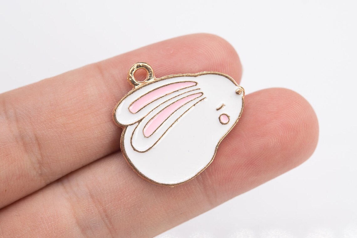 2 Enamel Rabbit Charm Gold Tone With Pink & White Enamel - Etsy