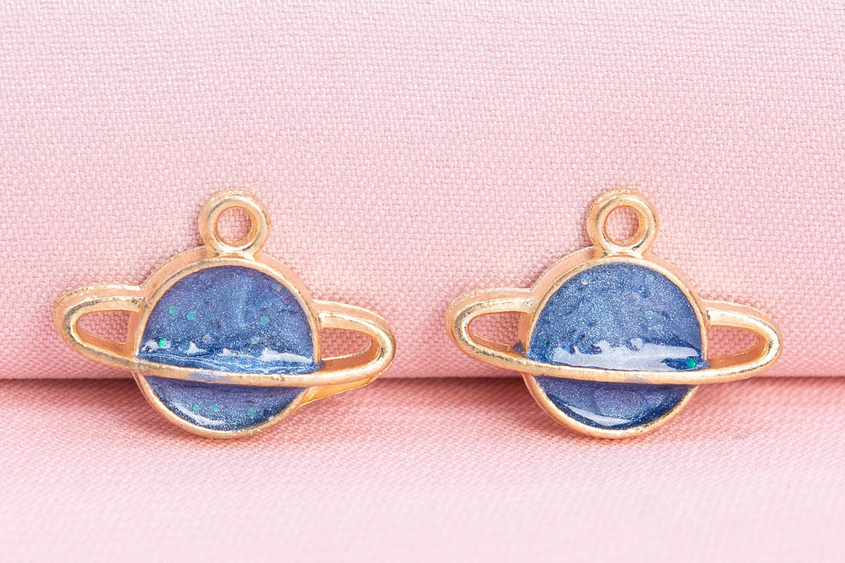 6 Enamel Saturn Planet Charm Gold Tone With Ocean Blue Enamel | Etsy