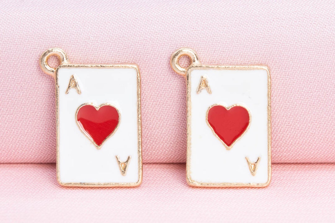 6 Enamel Playing Card Charm Gold Tone With Red Heart & White Enamel ...