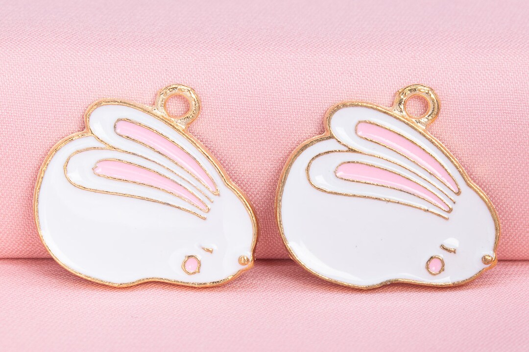 2 Enamel Rabbit Charm Gold Tone With Pink & White Enamel 65752-3304 - Etsy