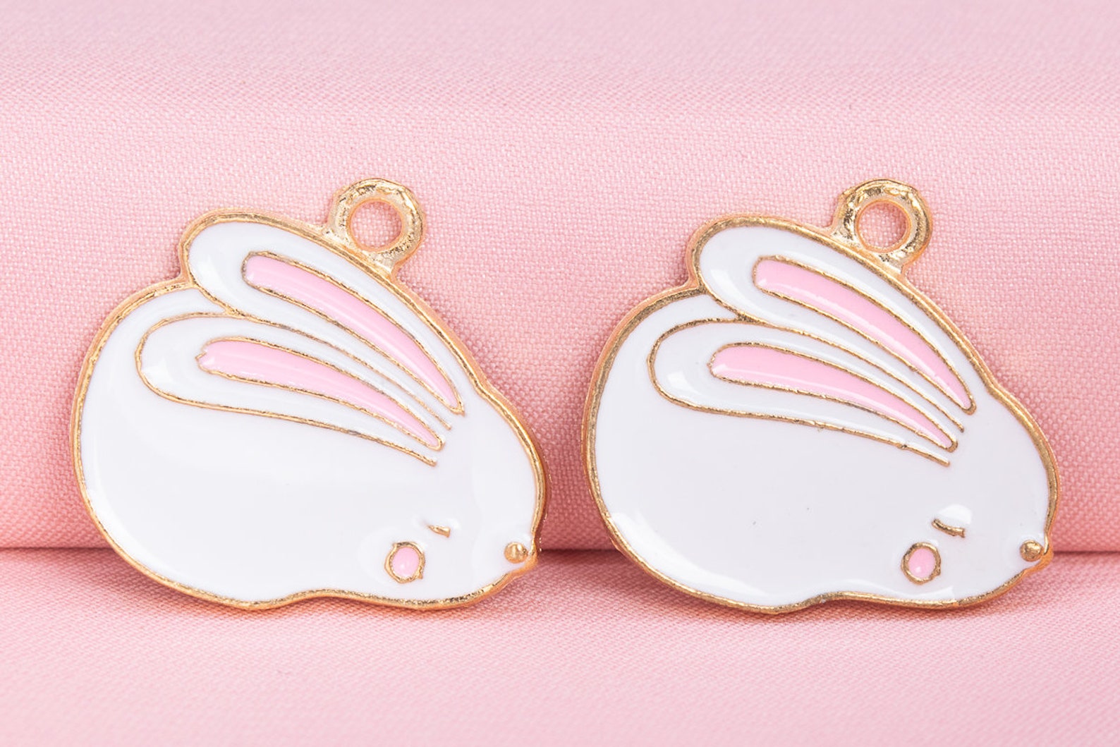 2 Enamel Rabbit Charm Gold Tone With Pink & White Enamel - Etsy