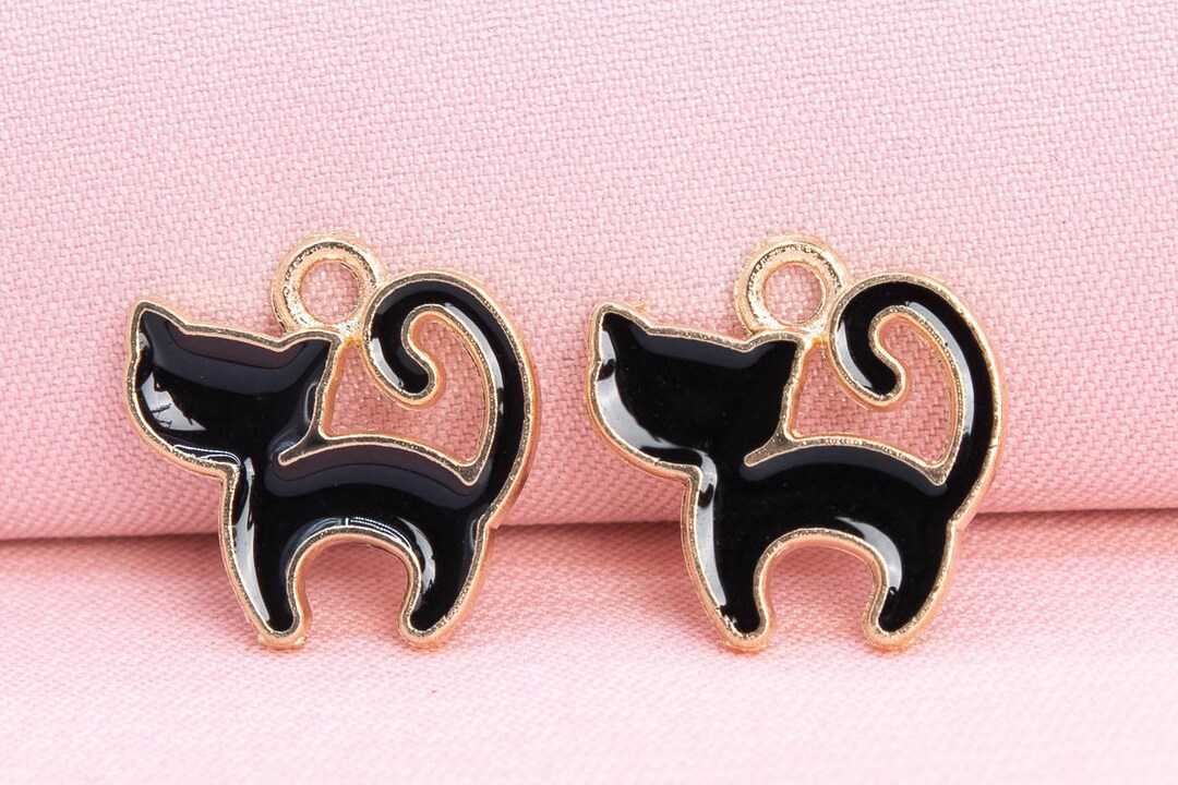 6 Enamel Cat Charm Gold Tone With Black Enamel 65431-3285 - Etsy