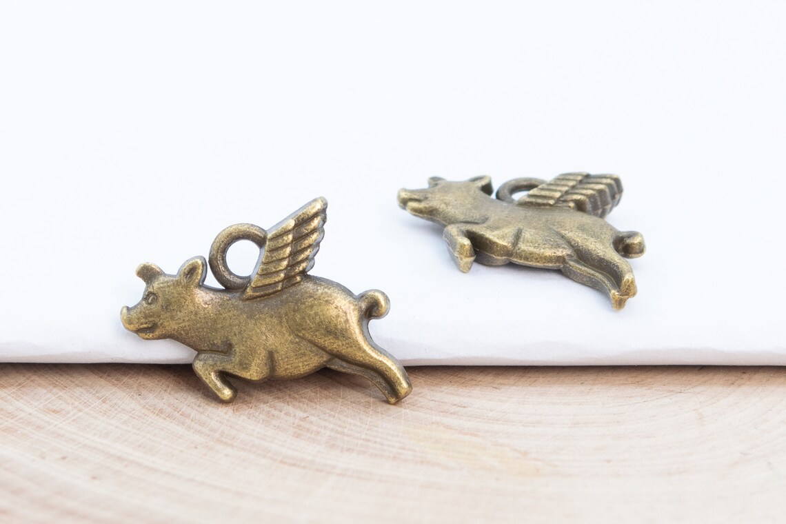 10 Flying Pig Charm Double Sided Antique Bronze Tone - Etsy