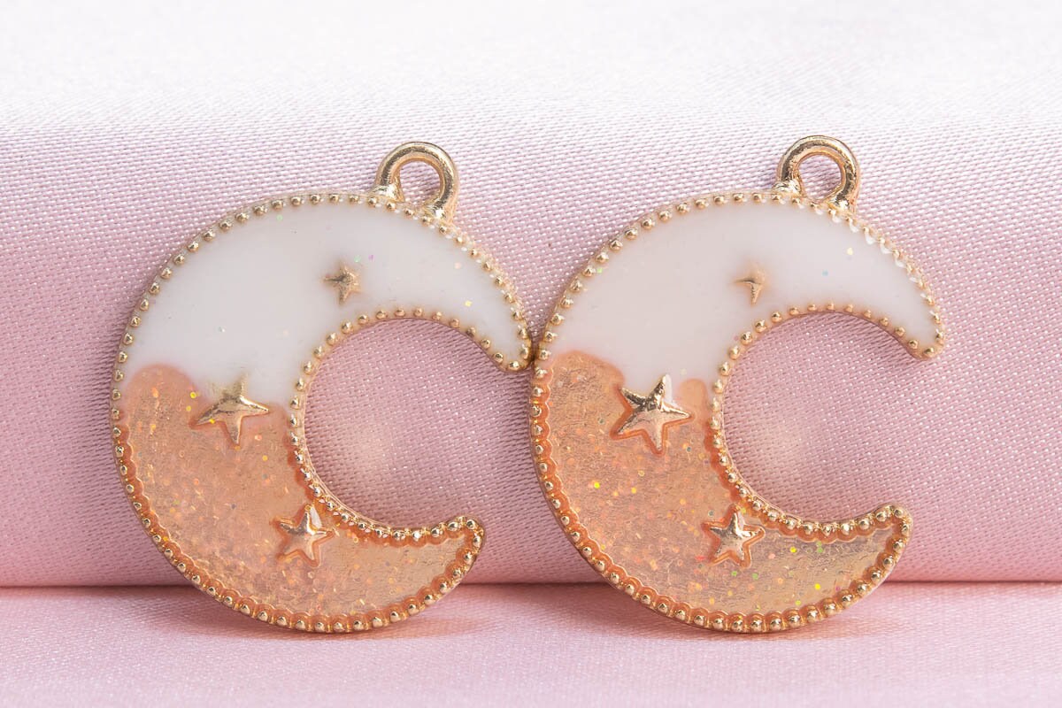 4 Enamel Moon Charm Gold Tone With Flash Orange Pink & White | Etsy