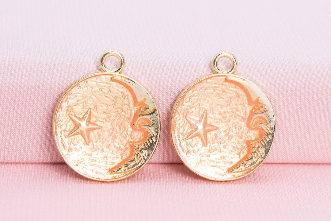 4 Enamel Moon & Star Charm Gold Tone With Flash Yellow Pink Enamel ...