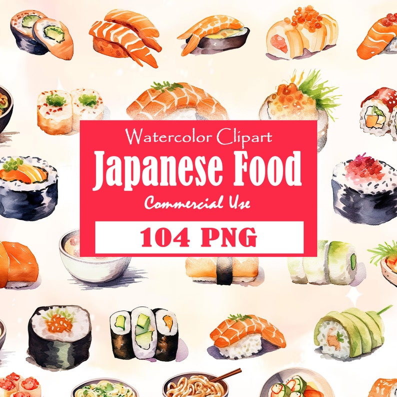 Japanese Food Watercolor Clipart, Hand Drawn, Sushi-ramen-yakitori ...