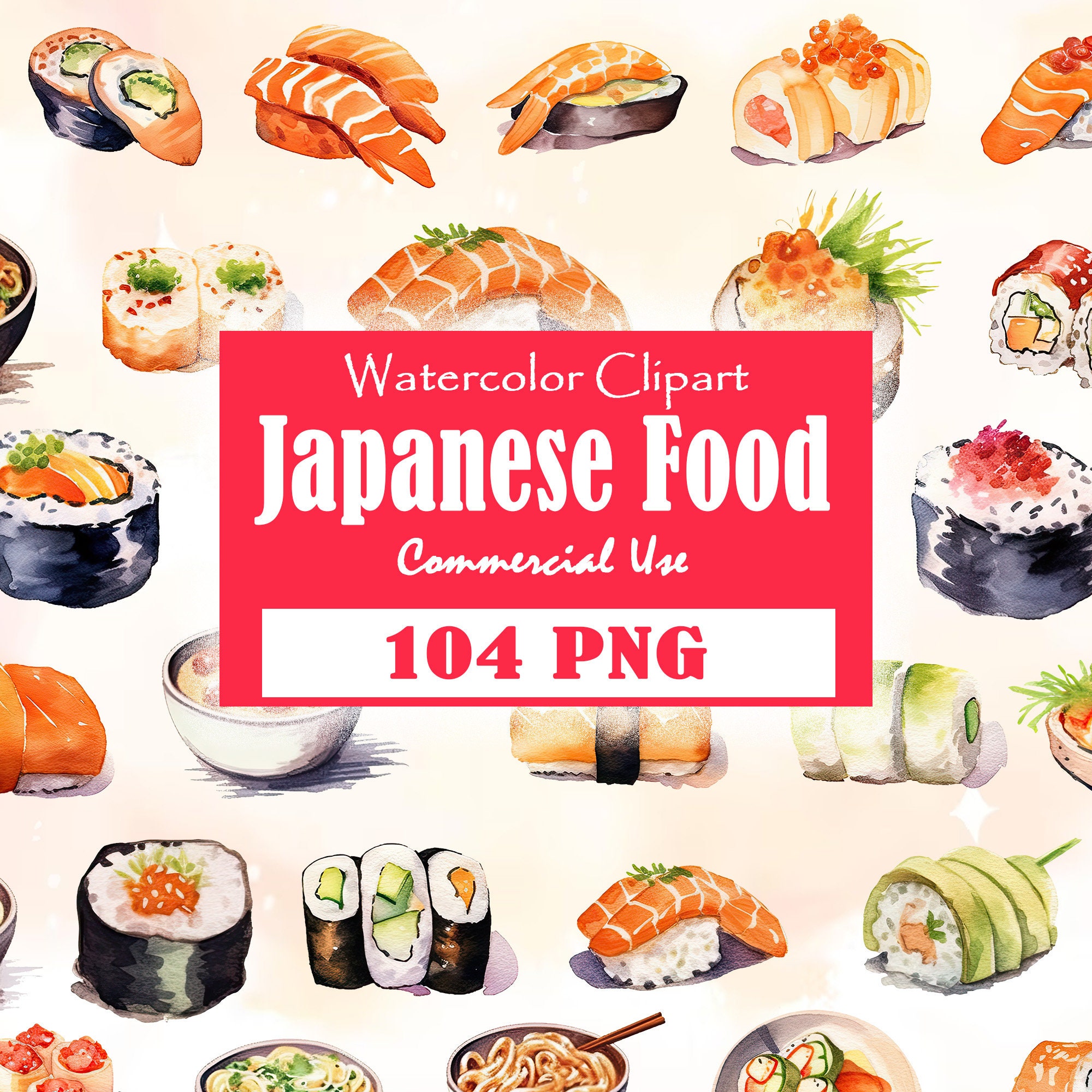 Japanese Food Watercolor Clipart, Hand Drawn, Sushi-ramen-yakitori ...