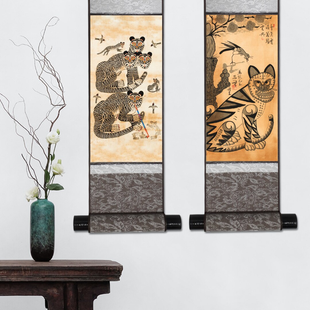Scroll Korean Painted Silk Tiger Wall Hanging, Korean Painting, Korean ...