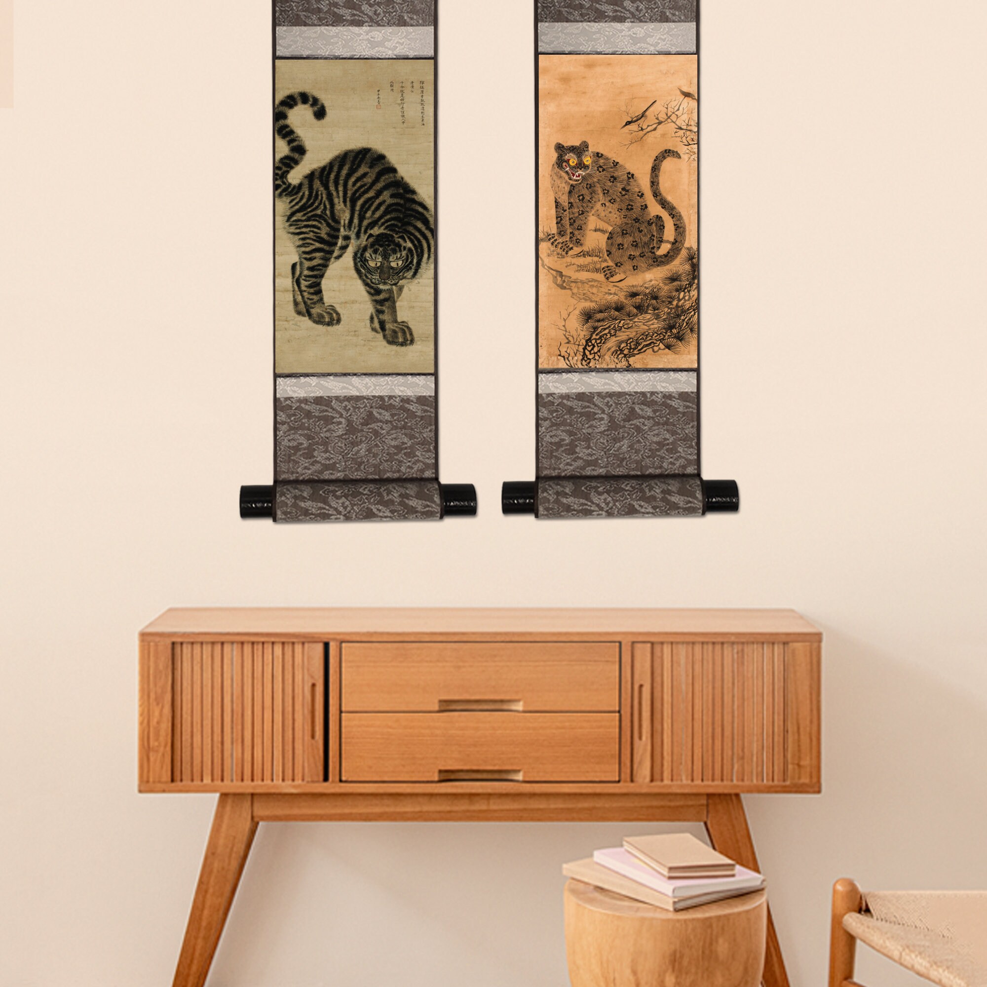 Scroll Korean Painted Silk Tiger Wall Hanging, Tiger and Magpies ...