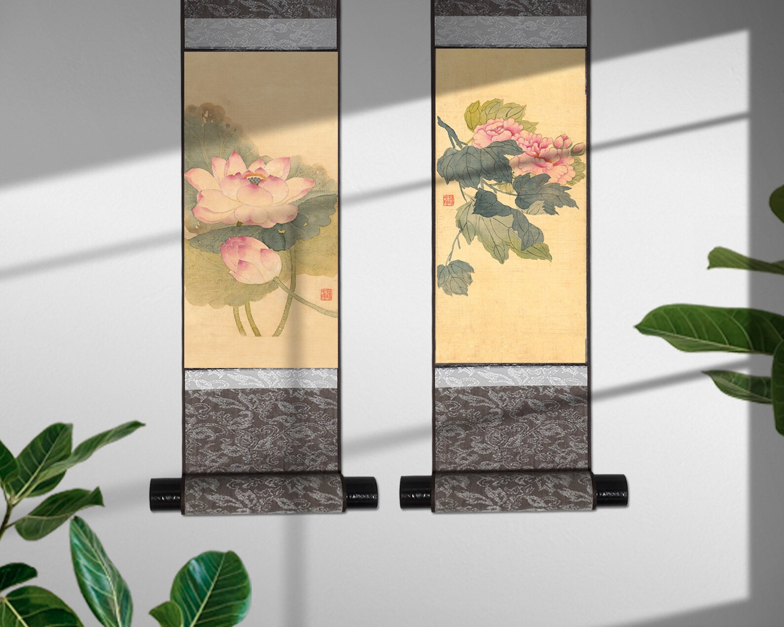 Scroll Korean Painted Silk Flowers Wall Hanging Korean | Etsy