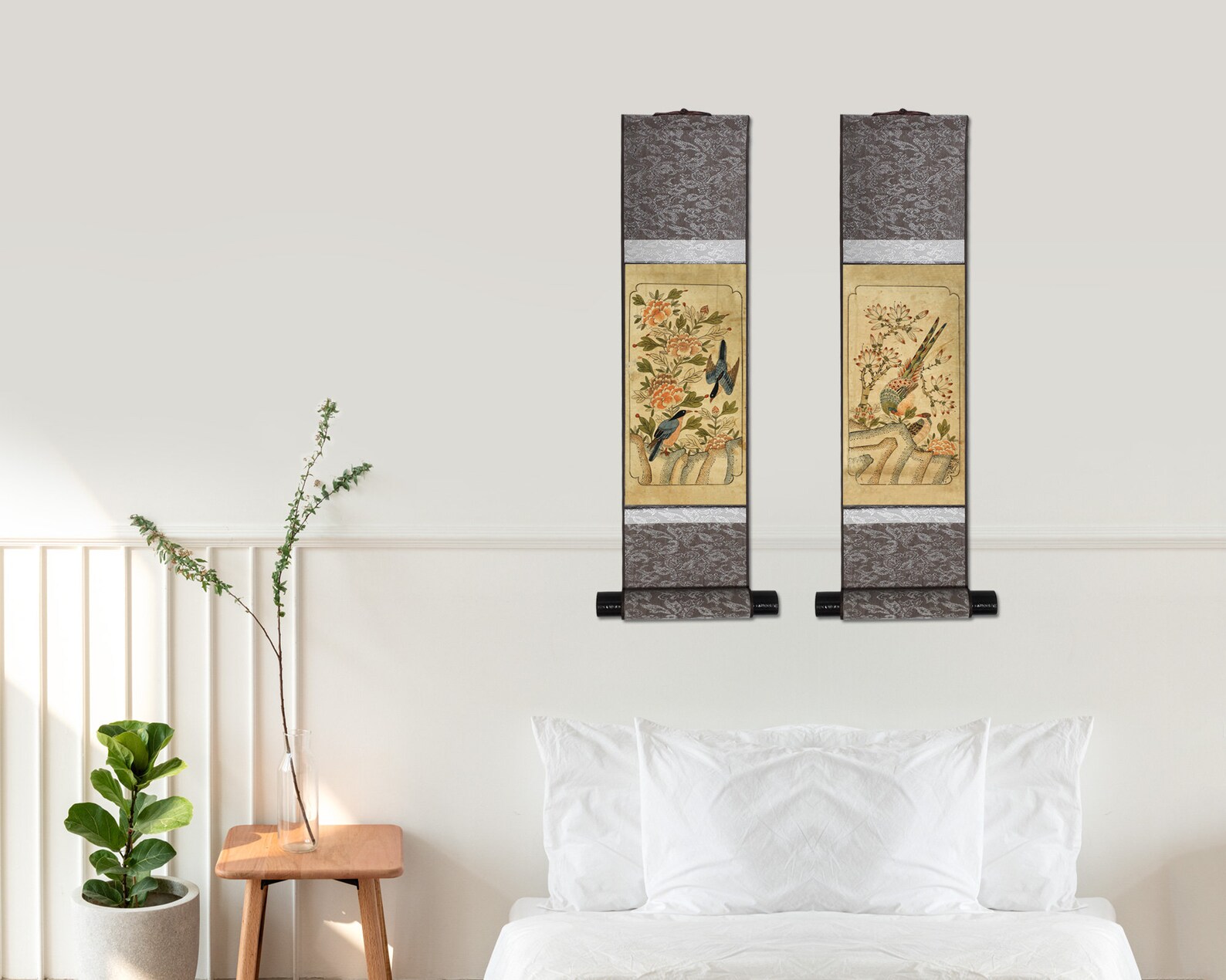 Scroll Korean Painted Silk Flowers and Birds Wall Hanging - Etsy