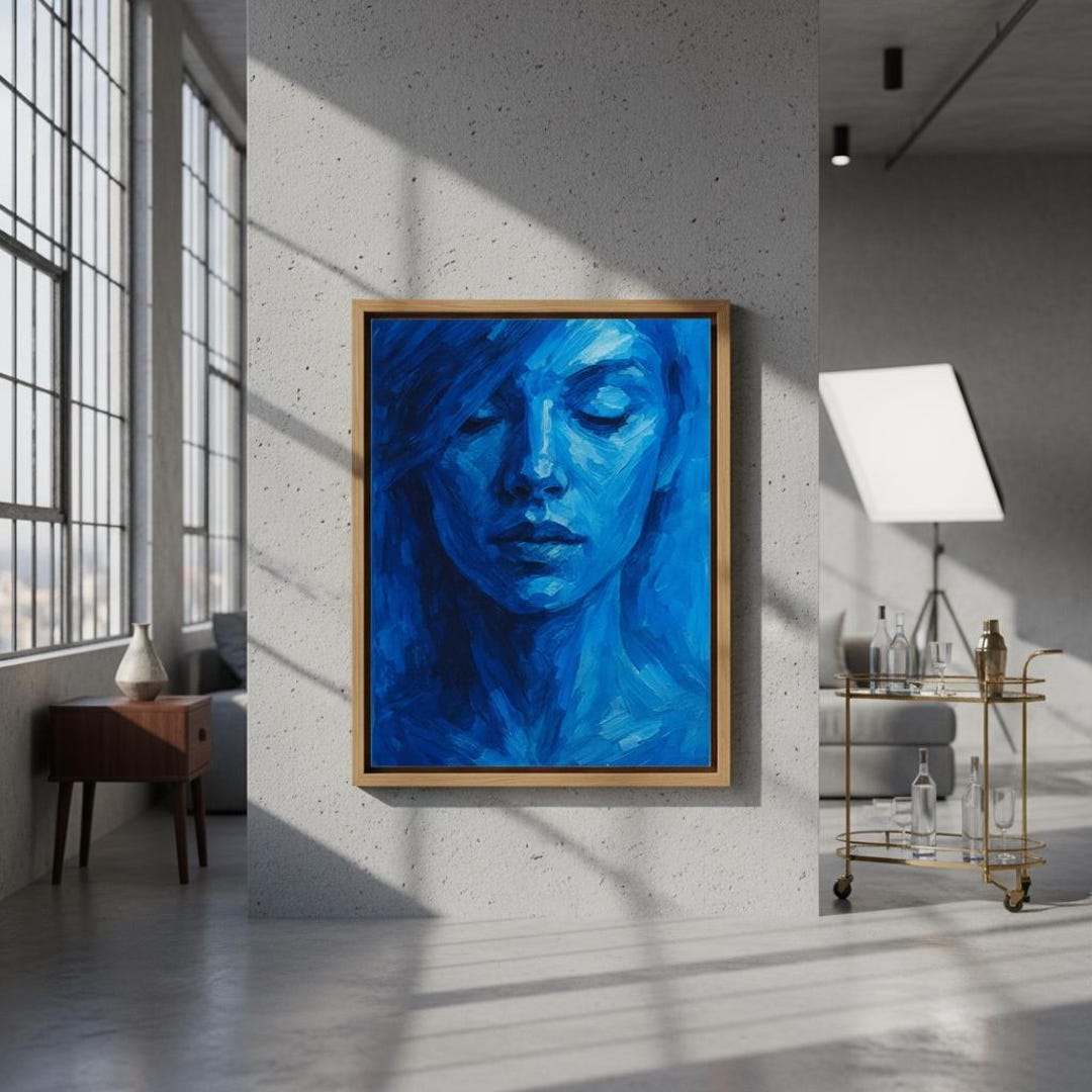 Blue Abstract Portrait Art | Textured Contemplative Face Painting - Etsy