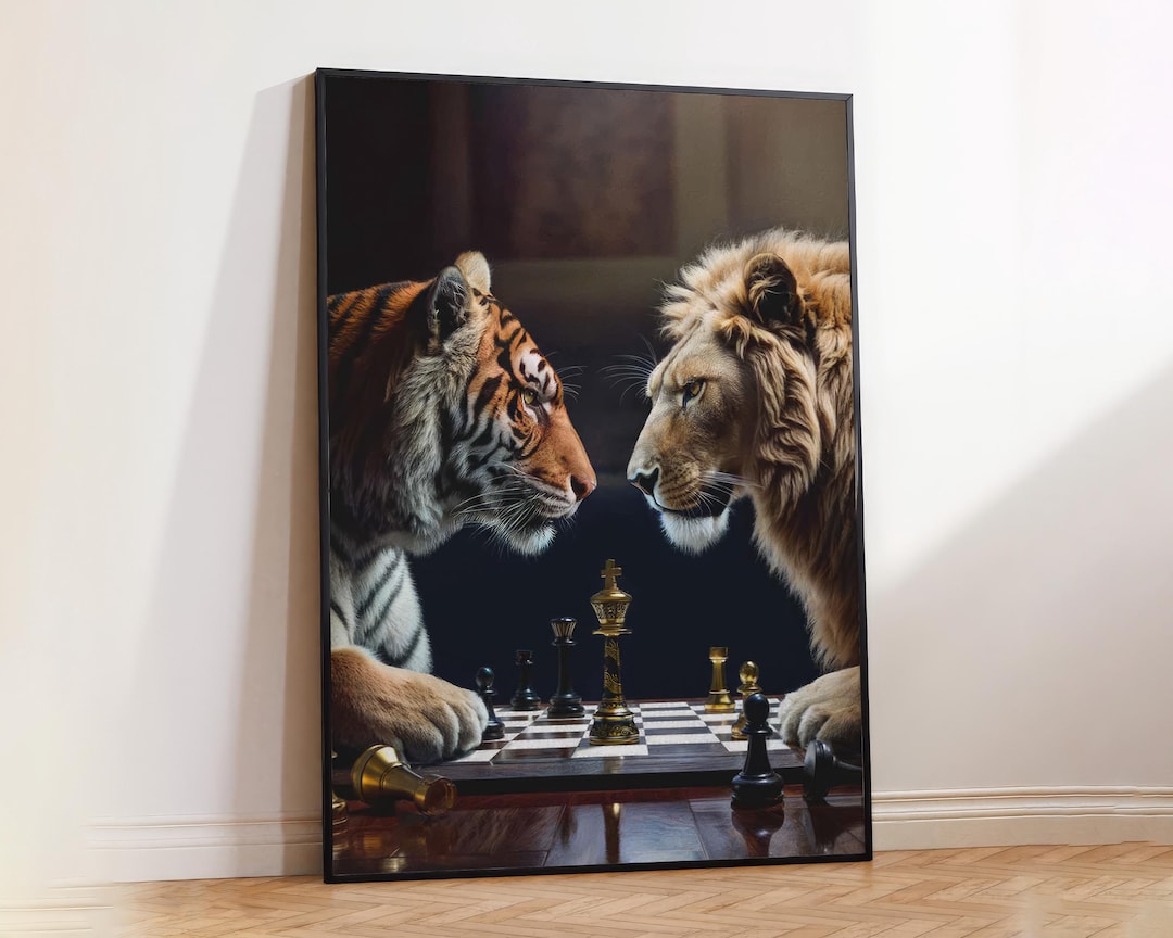 Lion & Tiger Playing Chess Wall Art, Game of Beast, Lion Wall Decor ...