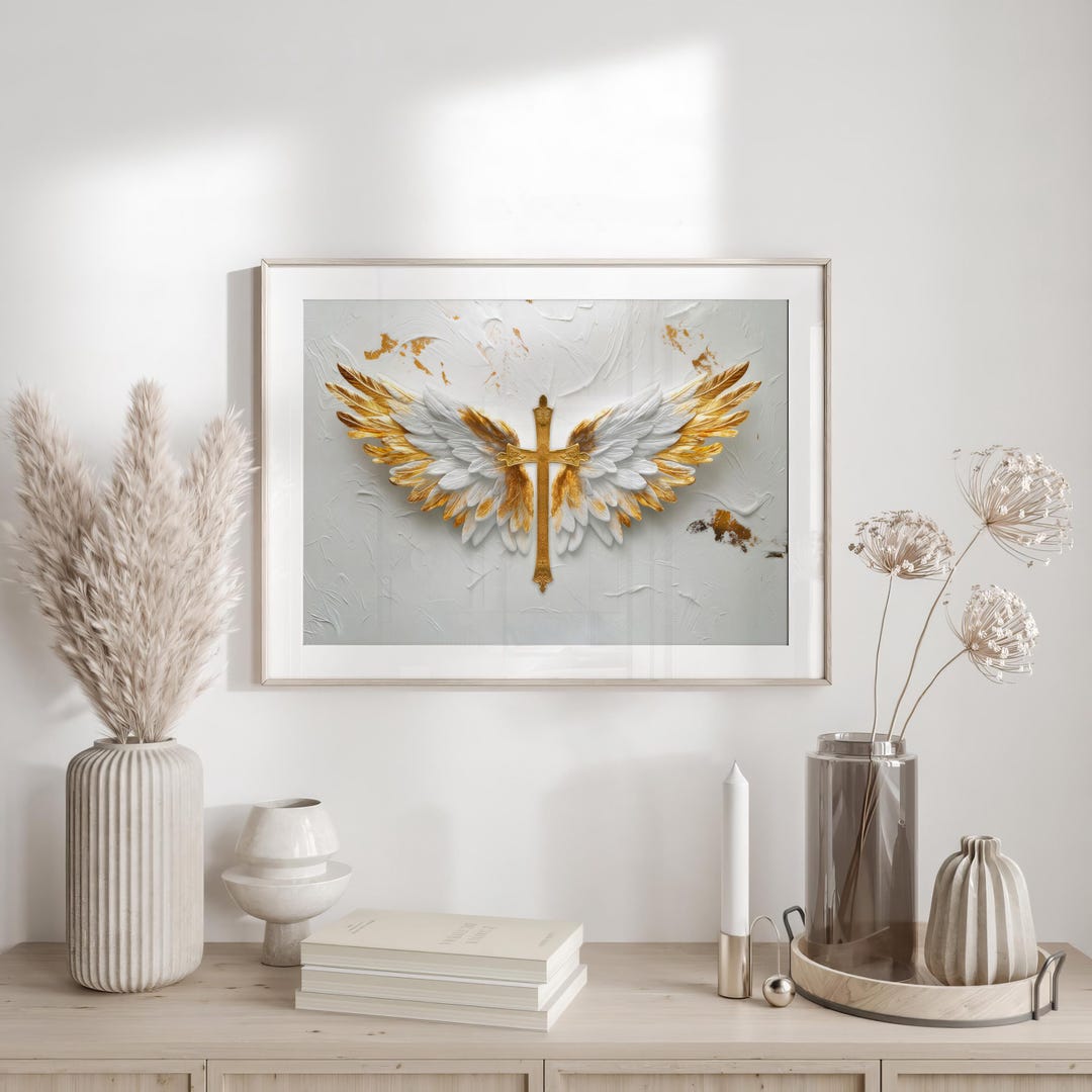 Blessed Wings Jesus Cross Canvas – White & Gold Religious Wall Art ...