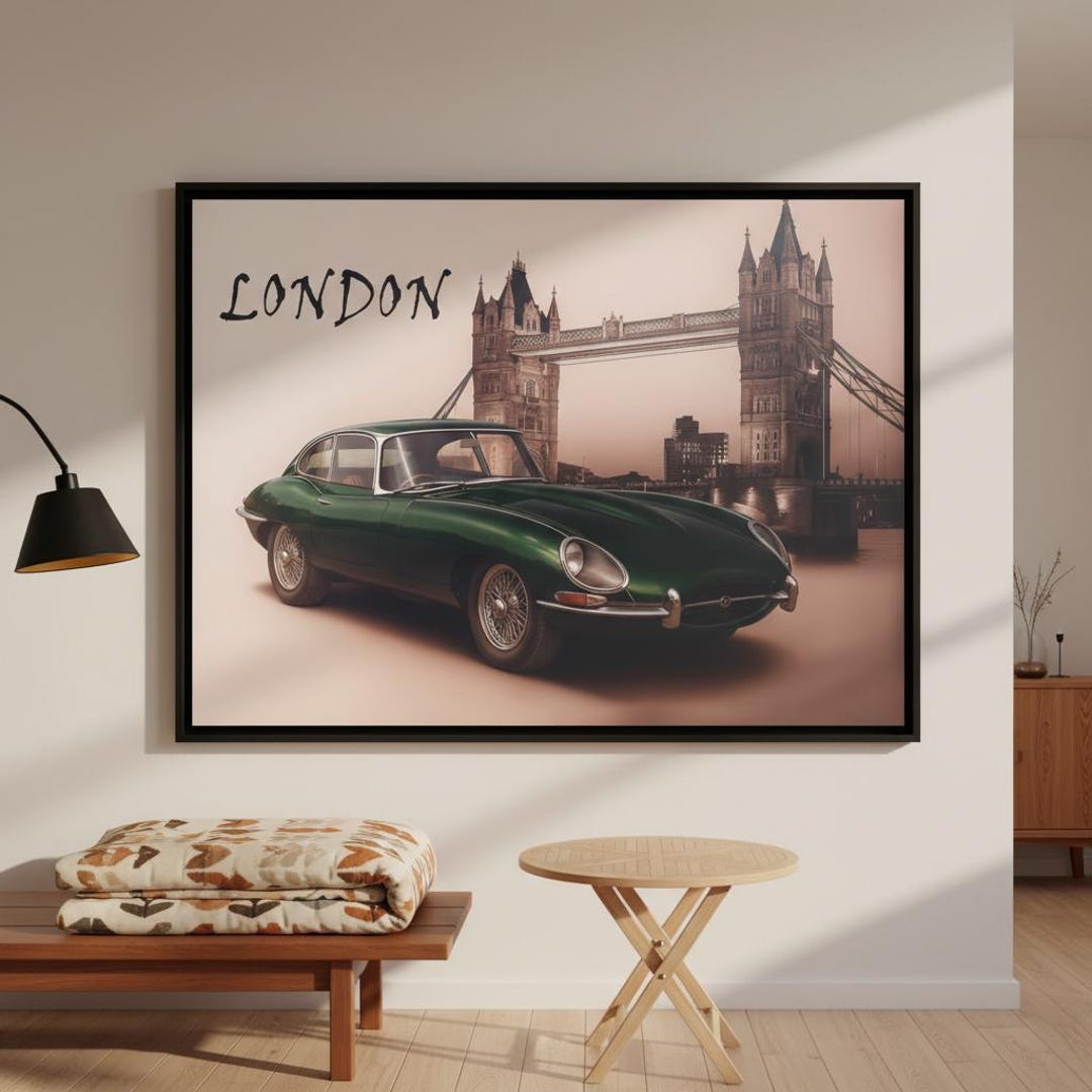 Vintage Jaguar E-type Art Print | London Tower Bridge Sepia Wall Decor ...