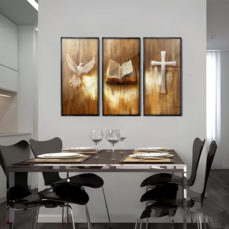 Christian Wall Art Set – 3 Piece Symbols of Faith Canvas | Bible, Dove ...