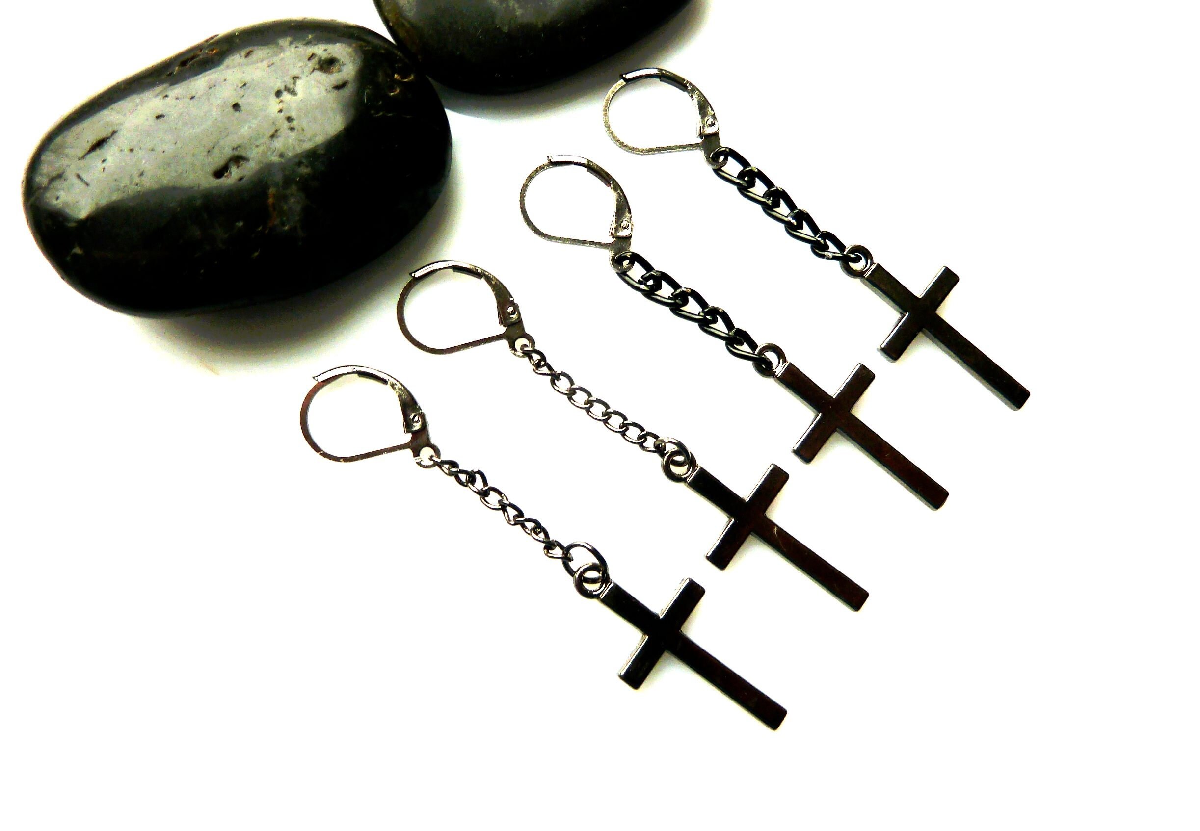 Black Cross Men Earring Long Cross Chain Earring Goth Earring Black ...