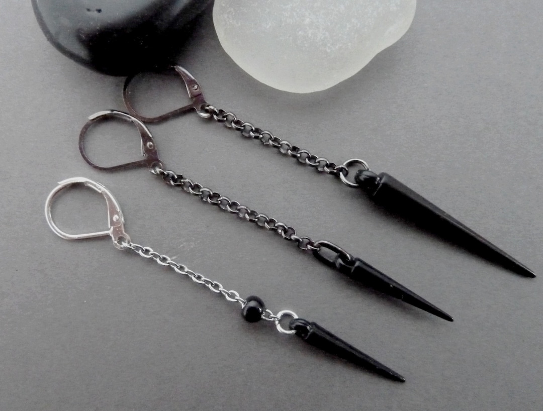 Long Spike Earrings, Black Spike Dangle, Men Spike Earring, Boys Spike ...